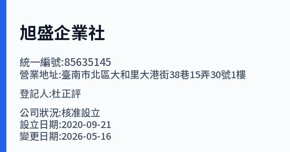 旭盛企業社的照片-統編 85635145(臺南市) 公司登記資料與營業項目詳細圖表