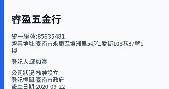睿盈五金行的照片-統編 85635481(臺南市) 公司登記資料與營業項目詳細圖表