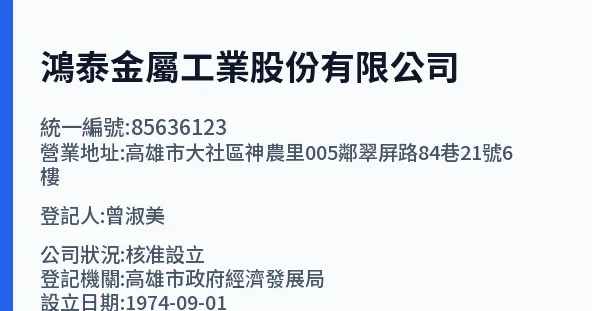 鴻泰金屬工業股份有限公司的照片-統編 85636123(高雄市) 公司登記資料與營業項目詳細圖表