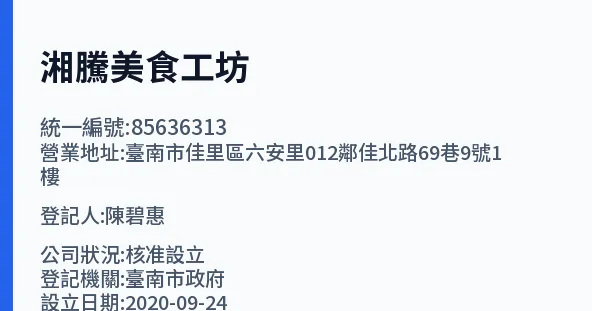 湘騰美食工坊的照片-統編 85636313(臺南市) 公司登記資料與營業項目詳細圖表