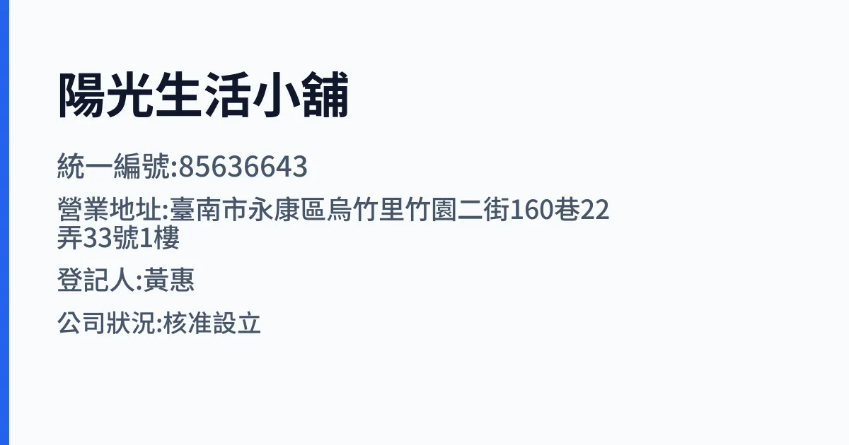 陽光生活小舖 - 統編 85636643（臺南市） 公司登記資料與營業項目詳細圖表