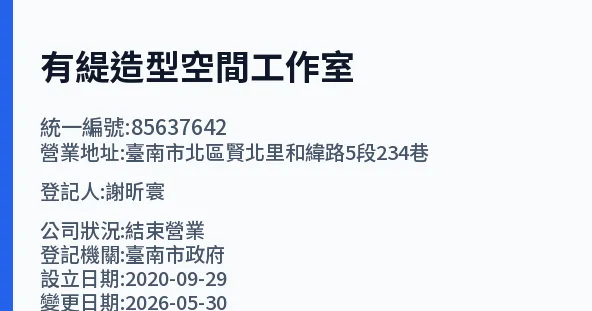 有緹造型空間工作室的照片-統編 85637642(臺南市) 公司登記資料與營業項目詳細圖表