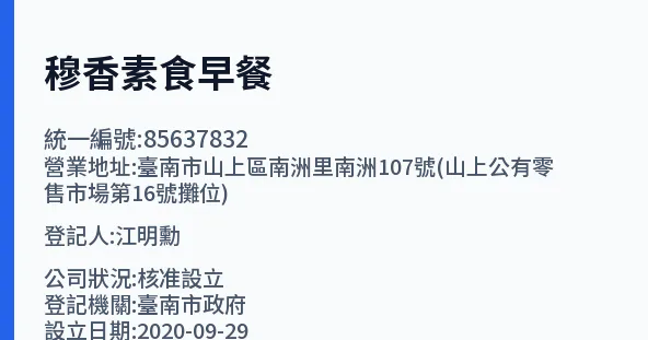 穆香素食早餐的照片-統編 85637832(臺南市) 公司登記資料與營業項目詳細圖表