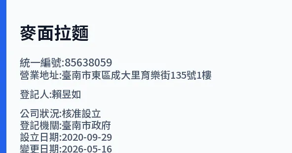 麥面拉麵的照片-統編 85638059(臺南市) 公司登記資料與營業項目詳細圖表
