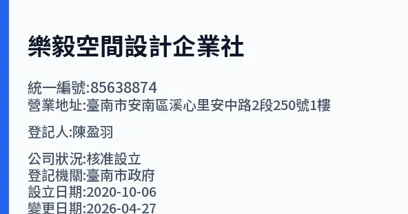 樂毅空間設計企業社的照片-統編 85638874(臺南市) 公司登記資料與營業項目詳細圖表