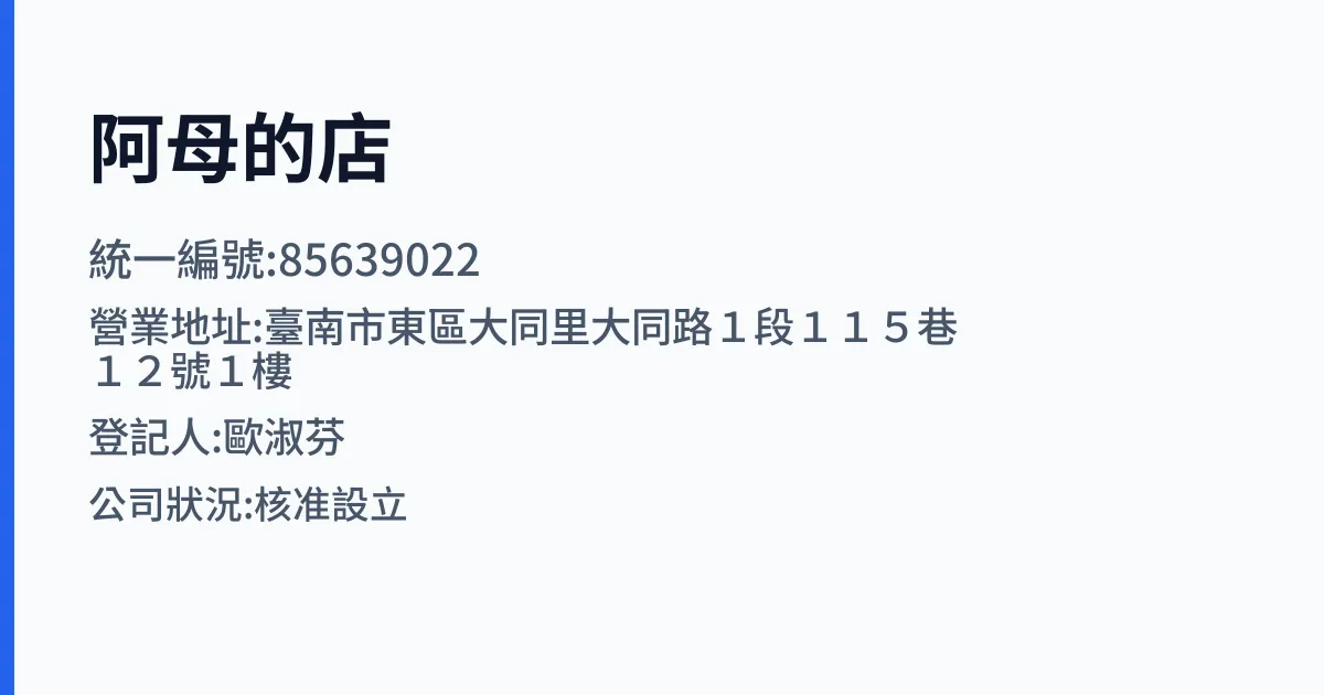 阿母的店 - 統編 85639022(臺南市) 公司登記資料與營業項目詳細圖表