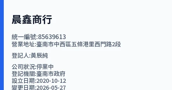 晨鑫商行的照片-統編 85639613(臺南市) 公司登記資料與營業項目詳細圖表