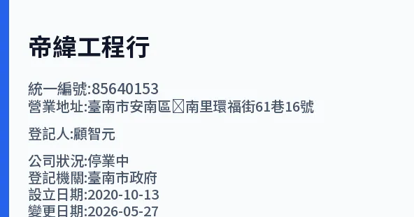 帝緯工程行的照片-統編 85640153(臺南市) 公司登記資料與營業項目詳細圖表