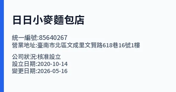 日日小麥麵包店的照片-統編 85640267(臺南市) 公司登記資料與營業項目詳細圖表