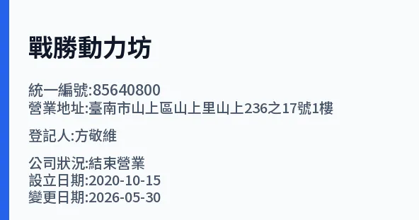 戰勝動力坊的照片-統編 85640800(臺南市) 公司登記資料與營業項目詳細圖表