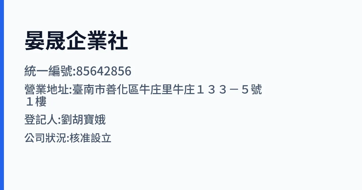晏晟企業社 - 統編 85642856(臺南市) 公司登記資料與營業項目詳細圖表