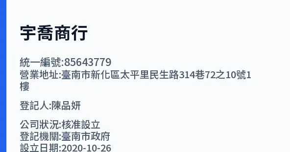 宇喬商行的照片-統編 85643779(臺南市) 公司登記資料與營業項目詳細圖表
