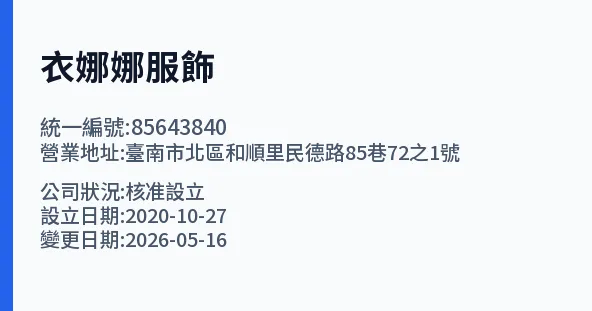 衣娜娜服飾的照片-統編 85643840(臺南市) 公司登記資料與營業項目詳細圖表