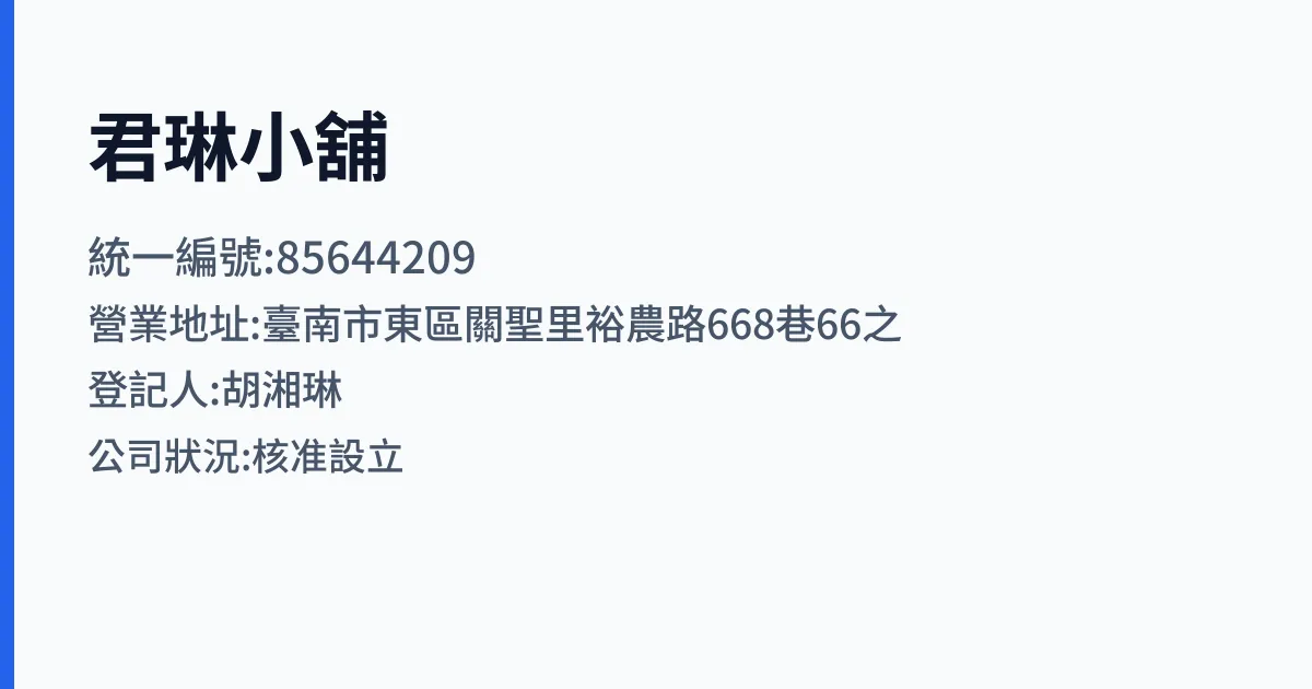 君琳小舖 - 統編 85644209(臺南市) 公司登記資料與營業項目詳細圖表