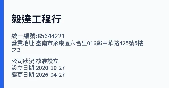 毅達工程行的照片-統編 85644221(臺南市) 公司登記資料與營業項目詳細圖表