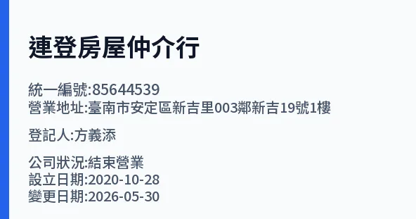 連登房屋仲介行的照片-統編 85644539(臺南市) 公司登記資料與營業項目詳細圖表