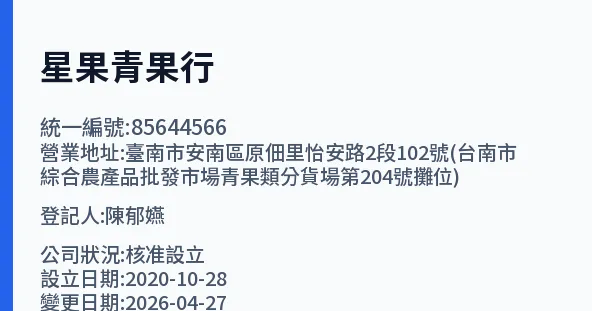 星果青果行的照片-統編 85644566(臺南市) 公司登記資料與營業項目詳細圖表
