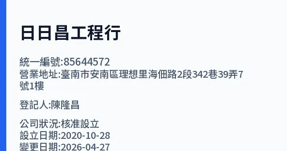 日日昌工程行的照片-統編 85644572(臺南市) 公司登記資料與營業項目詳細圖表