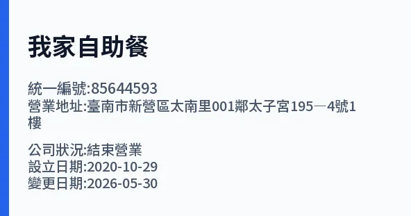 我家自助餐的照片-統編 85644593(臺南市) 公司登記資料與營業項目詳細圖表