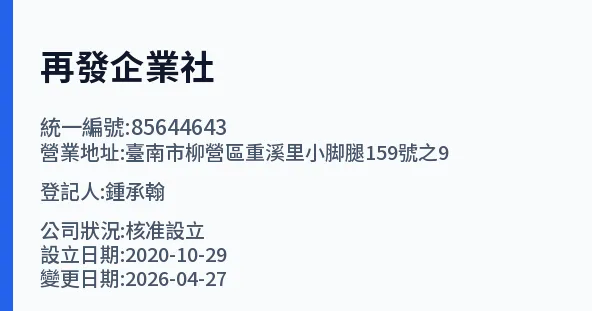 再發企業社的照片-統編 85644643(臺南市) 公司登記資料與營業項目詳細圖表