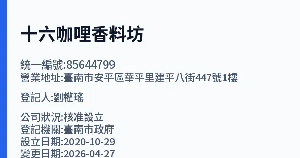 十六咖哩香料坊的照片-統編 85644799(臺南市) 公司登記資料與營業項目詳細圖表
