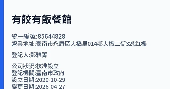 有餃有飯餐館的照片-統編 85644828(臺南市) 公司登記資料與營業項目詳細圖表