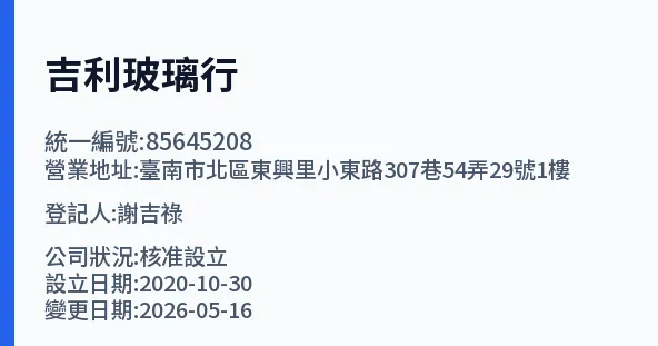 吉利玻璃行的照片-統編 85645208(臺南市) 公司登記資料與營業項目詳細圖表