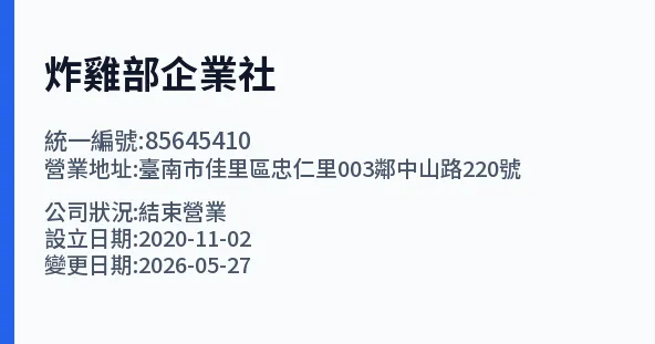 炸雞部企業社的照片-統編 85645410(臺南市) 公司登記資料與營業項目詳細圖表