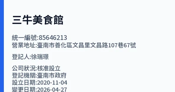 三牛美食館的照片-統編 85646213(臺南市) 公司登記資料與營業項目詳細圖表