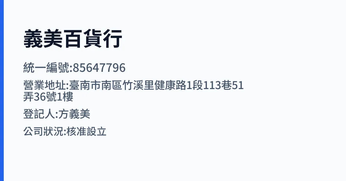 義美百貨行 - 統編 85647796(臺南市) 公司登記資料與營業項目詳細圖表
