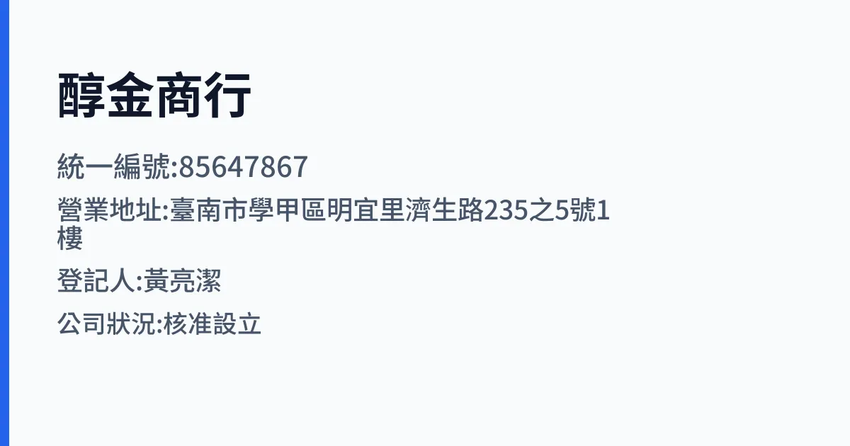 醇金商行 - 統編 85647867(臺南市) 公司登記資料與營業項目詳細圖表