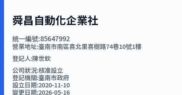 舜昌自動化企業社的照片-統編 85647992(臺南市) 公司登記資料與營業項目詳細圖表