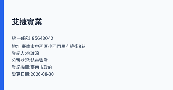 艾捷實業的照片-統編 85648042(臺南市) 公司登記資料與營業項目詳細圖表