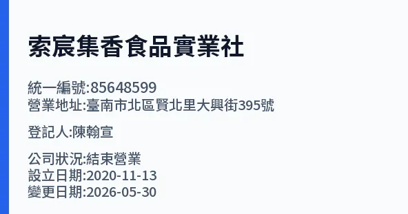 索宸集香食品實業社的照片-統編 85648599(臺南市) 公司登記資料與營業項目詳細圖表