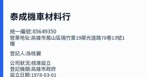 泰成機車材料行的照片-統編 85649350(高雄市) 公司登記資料與營業項目詳細圖表