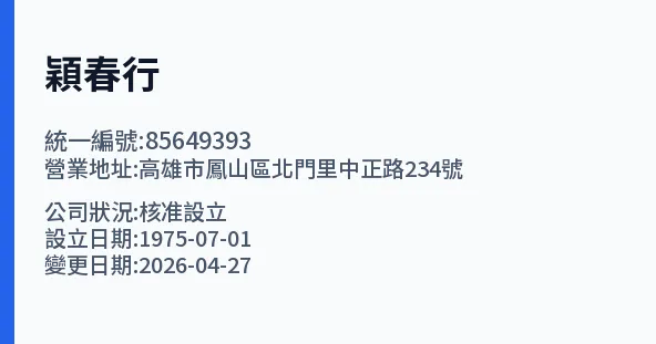 穎春行的照片-統編 85649393(高雄市) 公司登記資料與營業項目詳細圖表