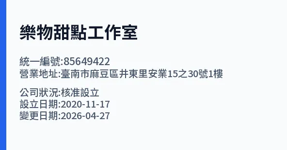 樂物甜點工作室的照片-統編 85649422(臺南市) 公司登記資料與營業項目詳細圖表