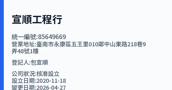 宣順工程行的照片-統編 85649669(臺南市) 公司登記資料與營業項目詳細圖表