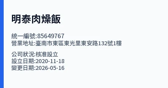 明泰肉燥飯的照片-統編 85649767(臺南市) 公司登記資料與營業項目詳細圖表