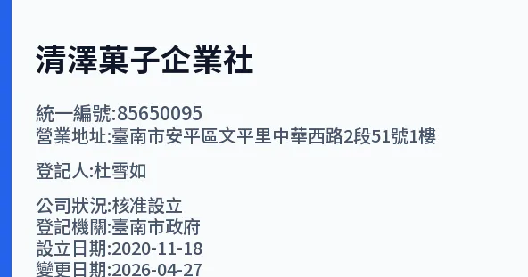清澤菓子企業社的照片-統編 85650095(臺南市) 公司登記資料與營業項目詳細圖表