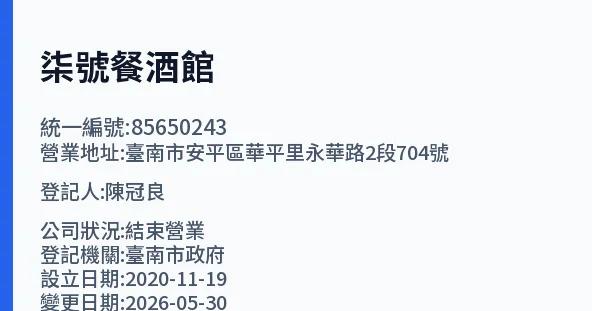 柒號餐酒館的照片-統編 85650243(臺南市) 公司登記資料與營業項目詳細圖表