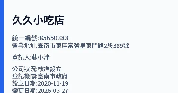 久久小吃店的照片-統編 85650383(臺南市) 公司登記資料與營業項目詳細圖表