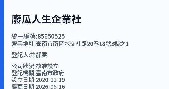 廢瓜人生企業社的照片-統編 85650525(臺南市) 公司登記資料與營業項目詳細圖表