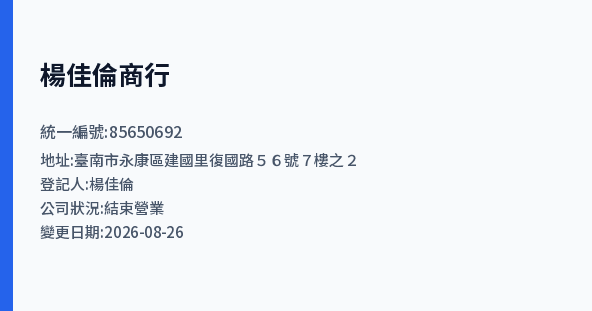 楊佳倫商行的照片-統編 85650692(臺南市) 公司登記資料與營業項目詳細圖表