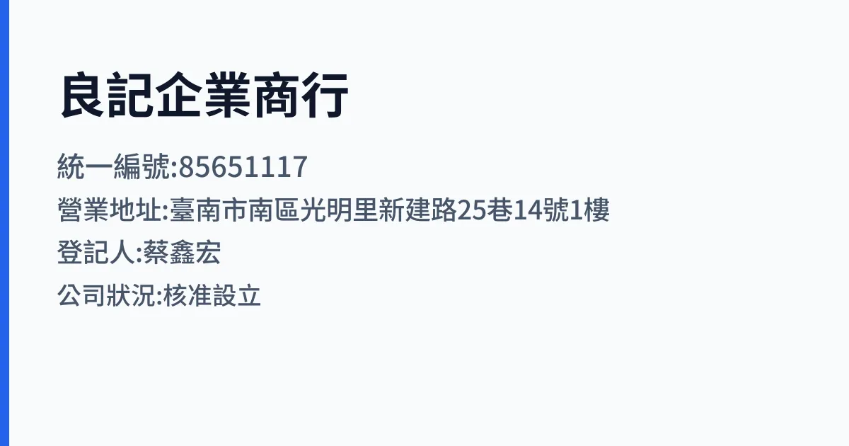良記企業商行 - 統編 85651117(臺南市) 公司登記資料與營業項目詳細圖表