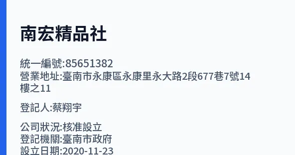 南宏精品社的照片-統編 85651382(臺南市) 公司登記資料與營業項目詳細圖表