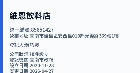 維恩飲料店的照片-統編 85651427(臺南市) 公司登記資料與營業項目詳細圖表