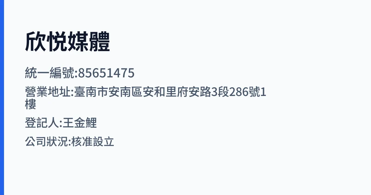 欣悦媒體 - 統編 85651475(臺南市) 公司登記資料與營業項目詳細圖表