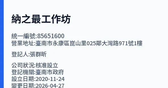 納之最工作坊的照片-統編 85651600(臺南市) 公司登記資料與營業項目詳細圖表