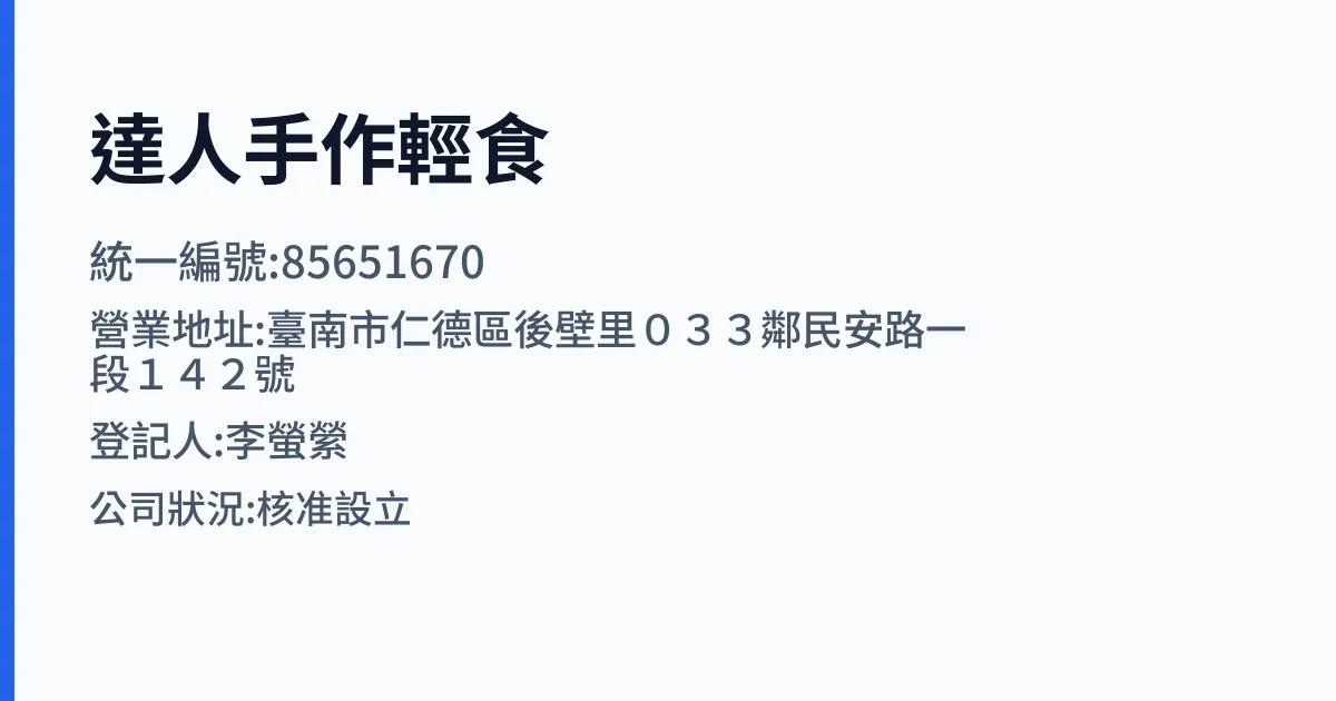 達人手作輕食 - 統編 85651670(臺南市) 公司登記資料與營業項目詳細圖表